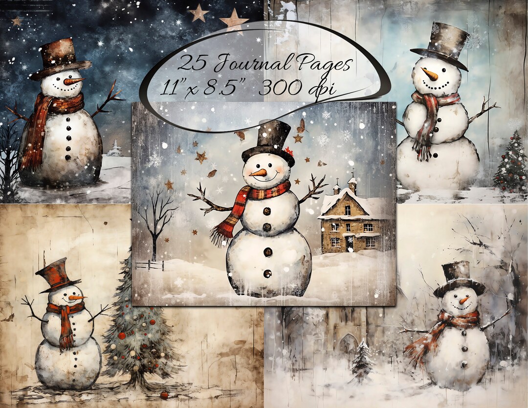 25 Grungy Christmas Snowman Digital Journal Papers. Junk Journal Layout ...