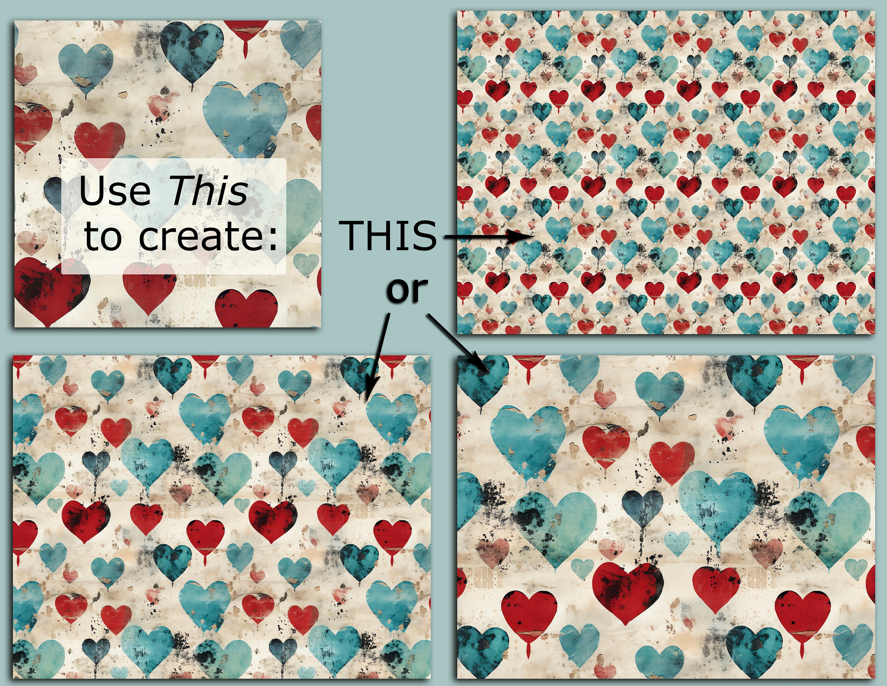 Vintage Heart Seamless Digital Paper Pack, Scrapbook Tiles, Grunge Love ...