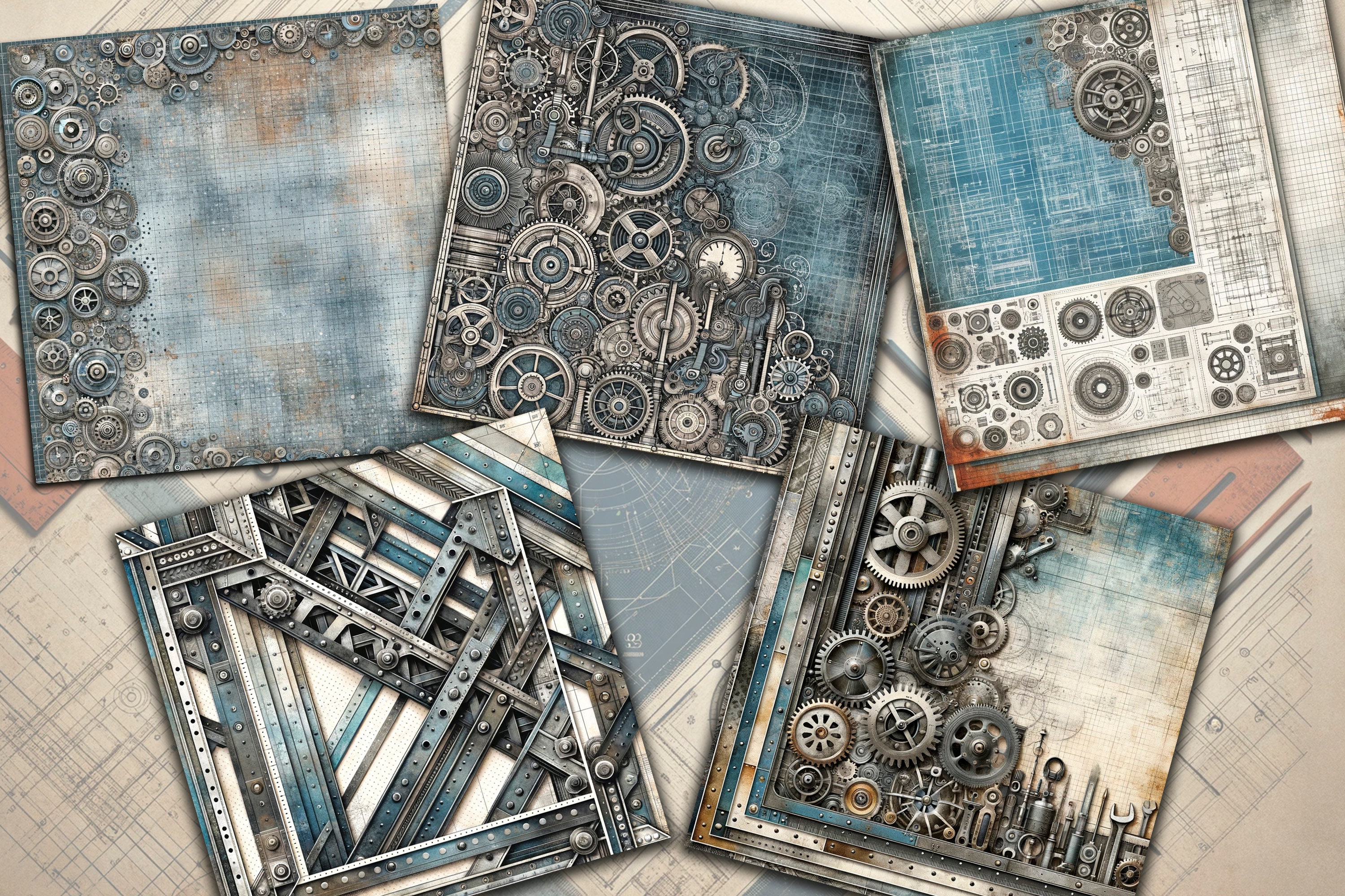 Vintage Blueprint & Rust Paper Pack 20 Sheets, 12x12, Digital Wallpaper ...