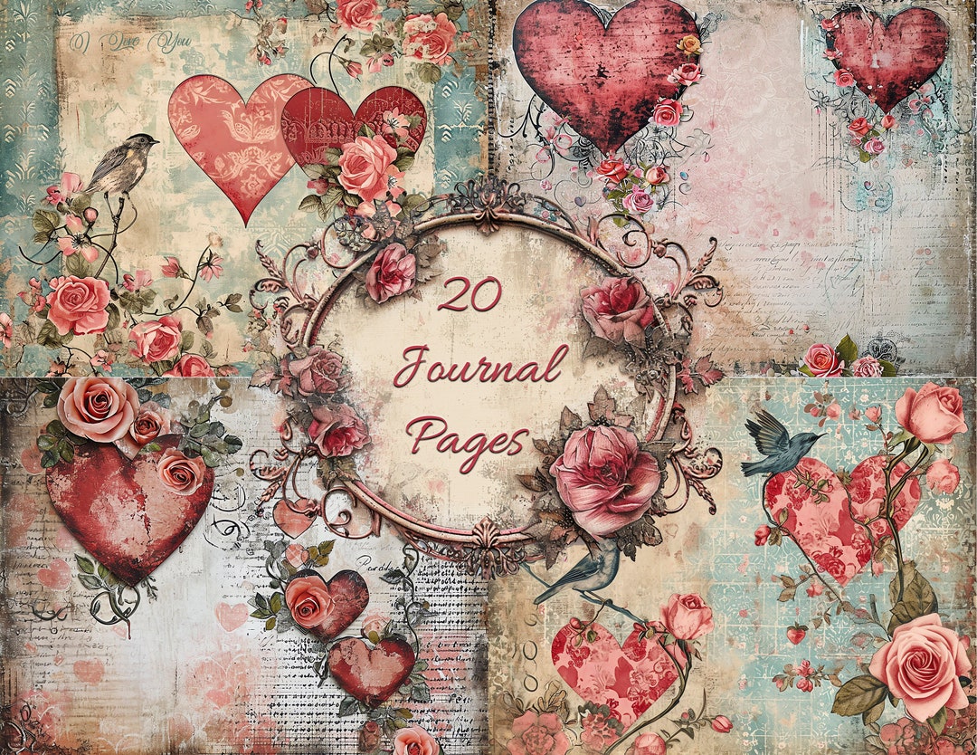 Vintage-inspired Rose and Heart Journal Pages - Printable 11x8.5 Paper ...