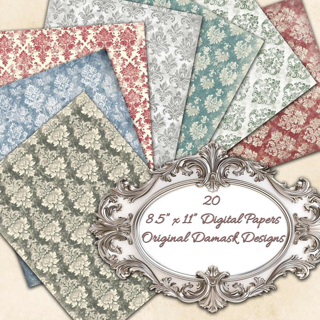 Vintage-inspired Shabby Damask Digital Paper Pack - 20 Printable 8.5x11 ...