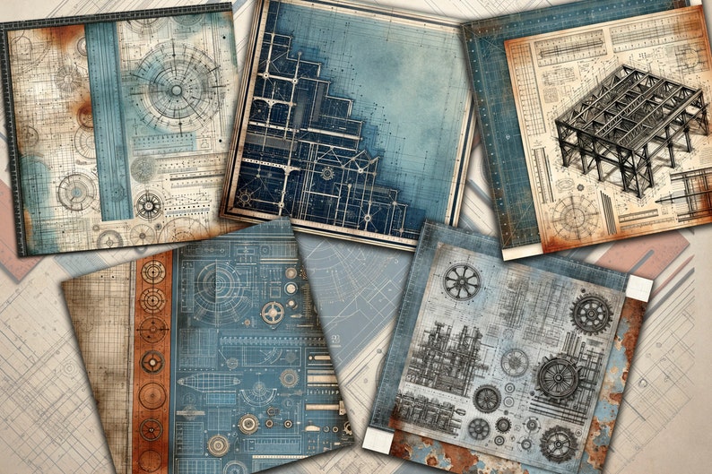 Vintage Blueprint & Rust Paper Pack 20 Sheets, 12x12, Digital Wallpaper ...