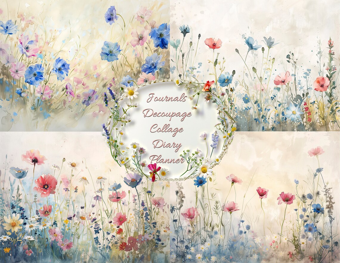 Watercolor Wildflower Meadow Paper, Vintage Spring Journal Pages ...