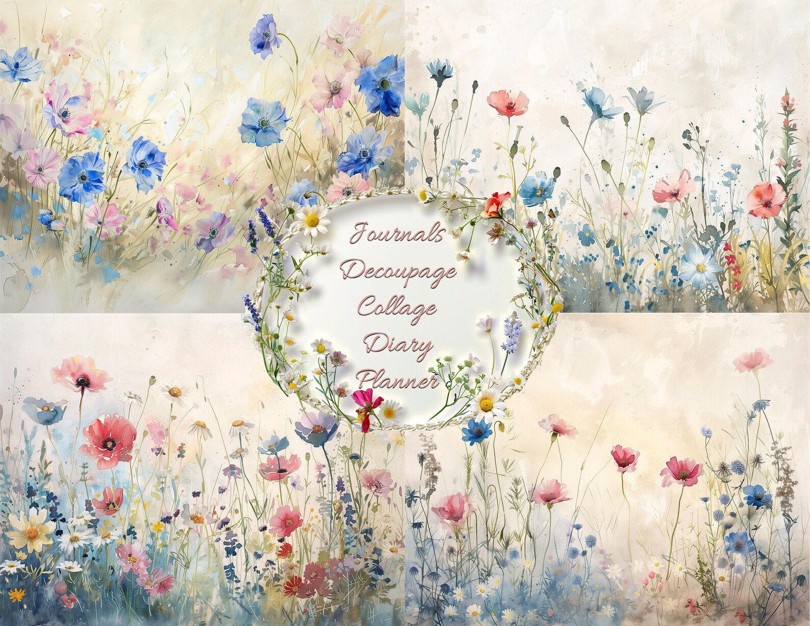 Watercolour Wildflower Meadow Paper Pack, Vintage Flowers Spring Junk ...
