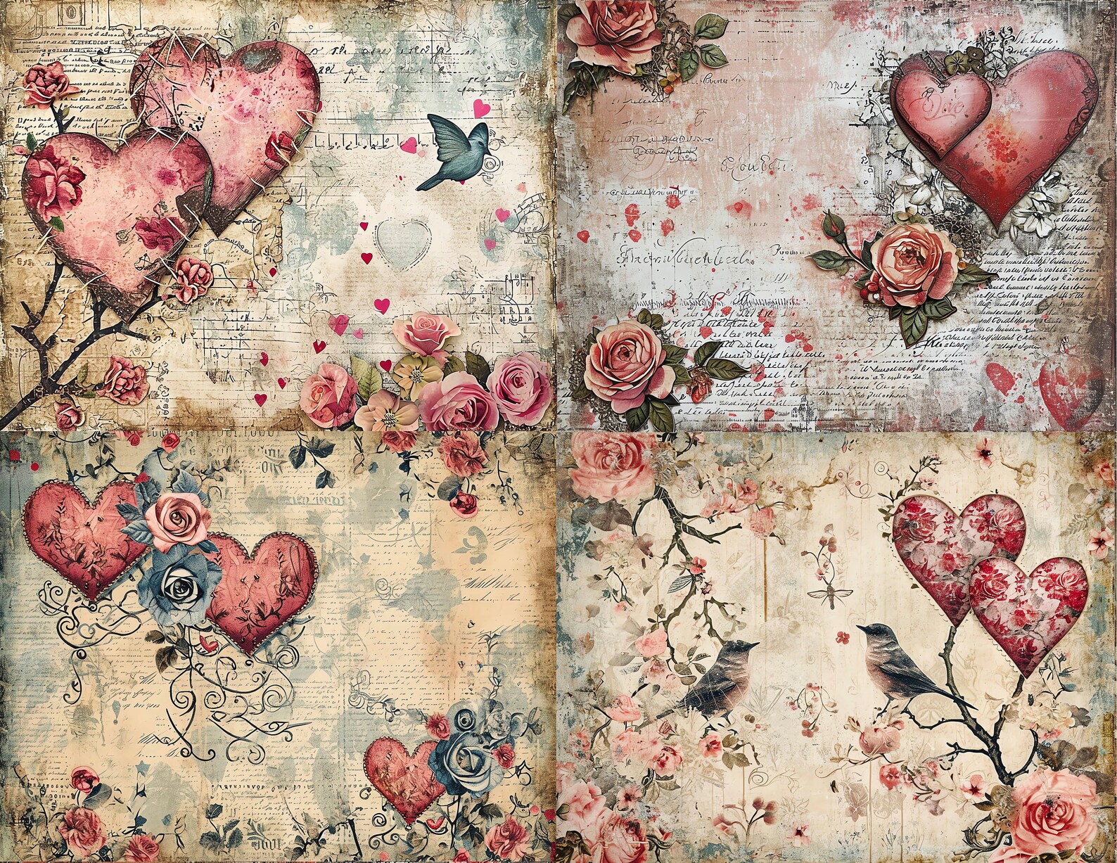 Vintage-inspired Rose and Heart Journal Pages - Printable 11x8.5 Paper ...