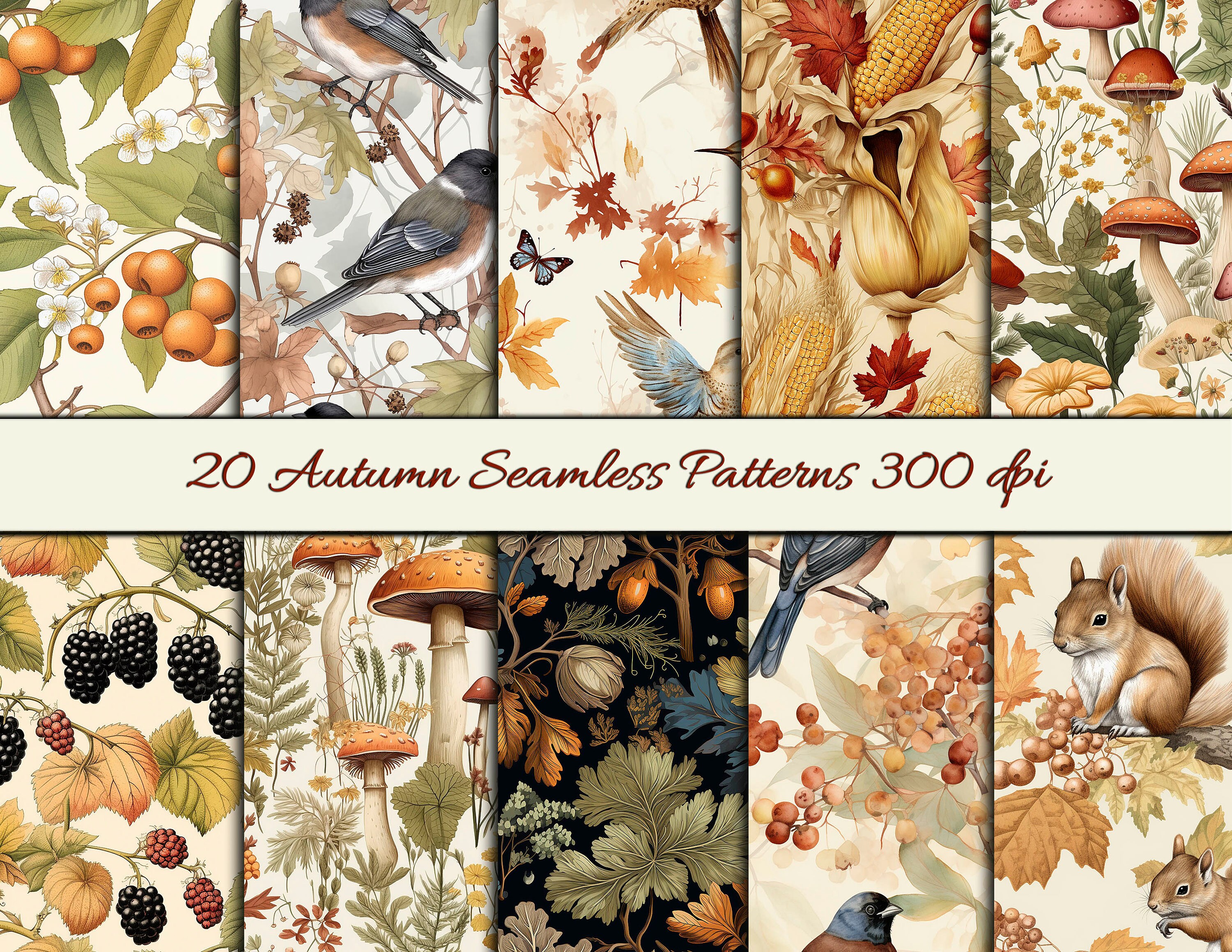 Edith Holden Inspired Autumn Backing Papers - 20 Original Seamless Fall ...