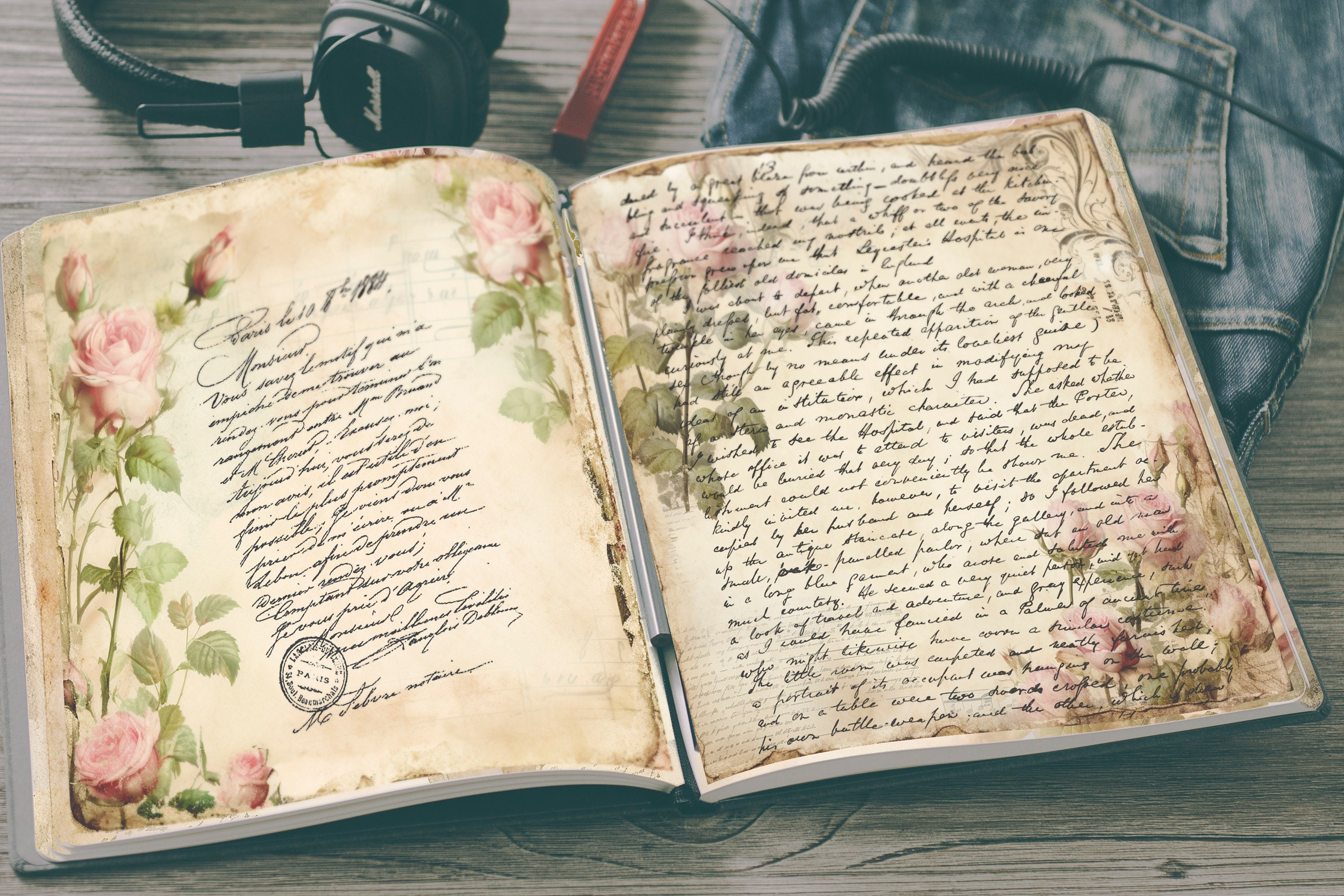 Shabby Chic Roses Journal Pages and 12"x12" Printable Scrapbook Paper ...