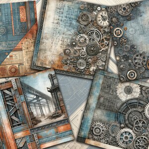 Vintage Blueprint & Rust Paper Pack - 20 Sheets, 12"x12", Digital ...