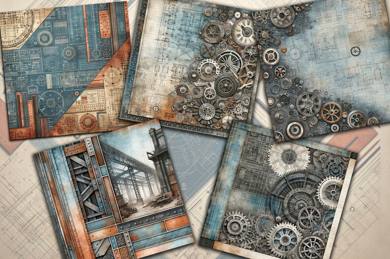 Vintage Blueprint & Rust Paper Pack 20 Sheets, 12x12, Digital Wallpaper ...