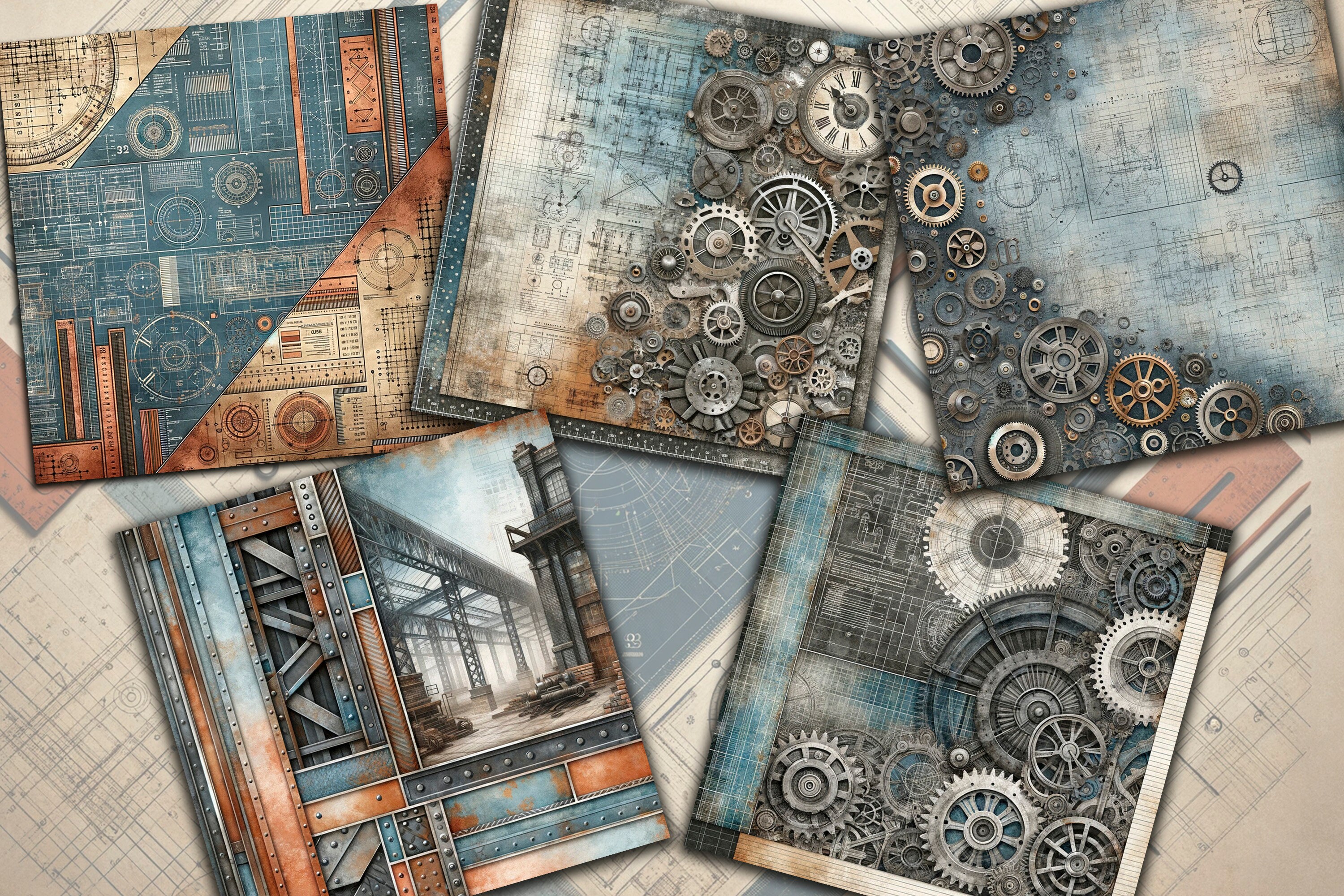 Vintage Blueprint & Rust Paper Pack 20 Sheets, 12x12, Digital Wallpaper ...