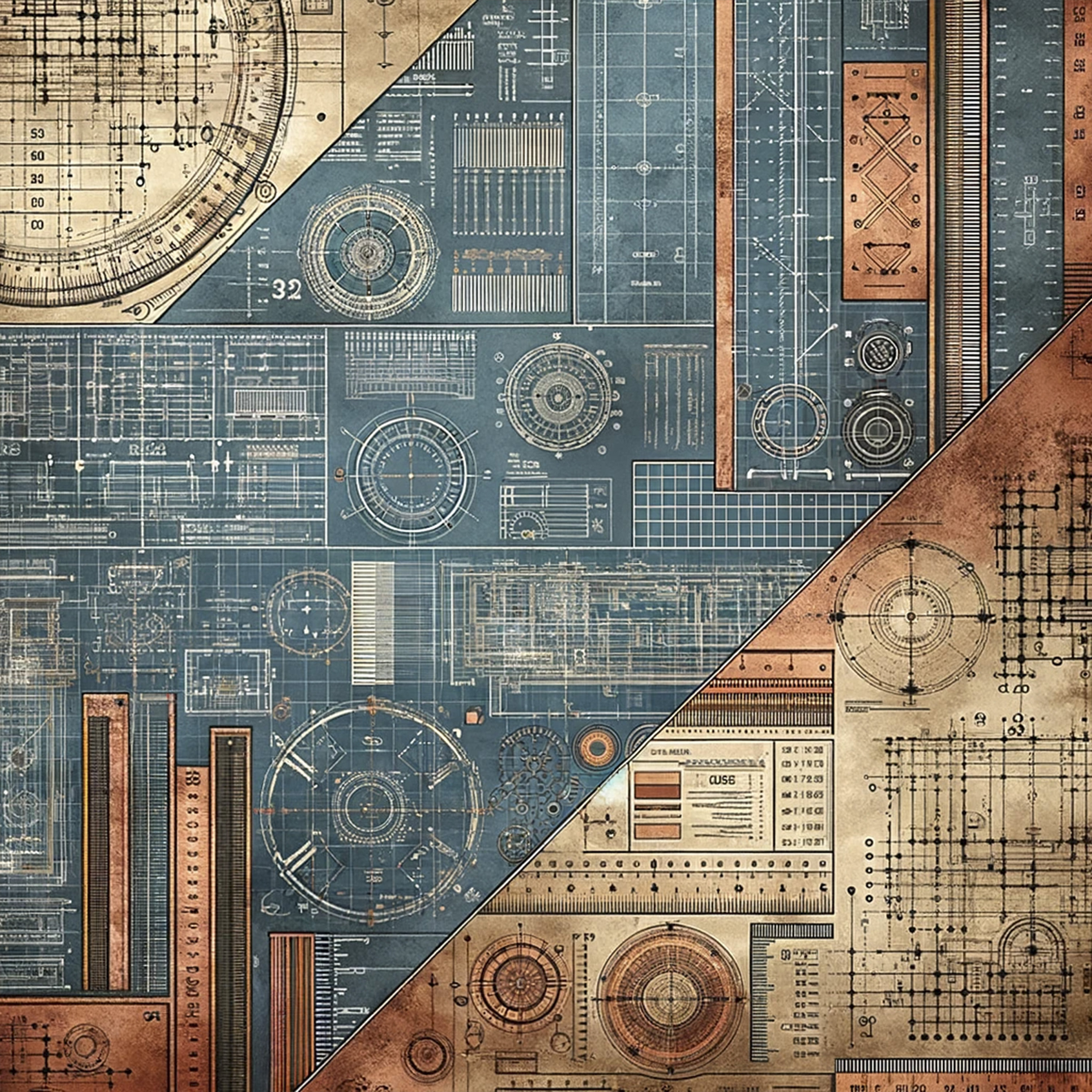 Vintage Blueprint & Rust Paper Pack 20 Sheets, 12x12, Digital Wallpaper ...