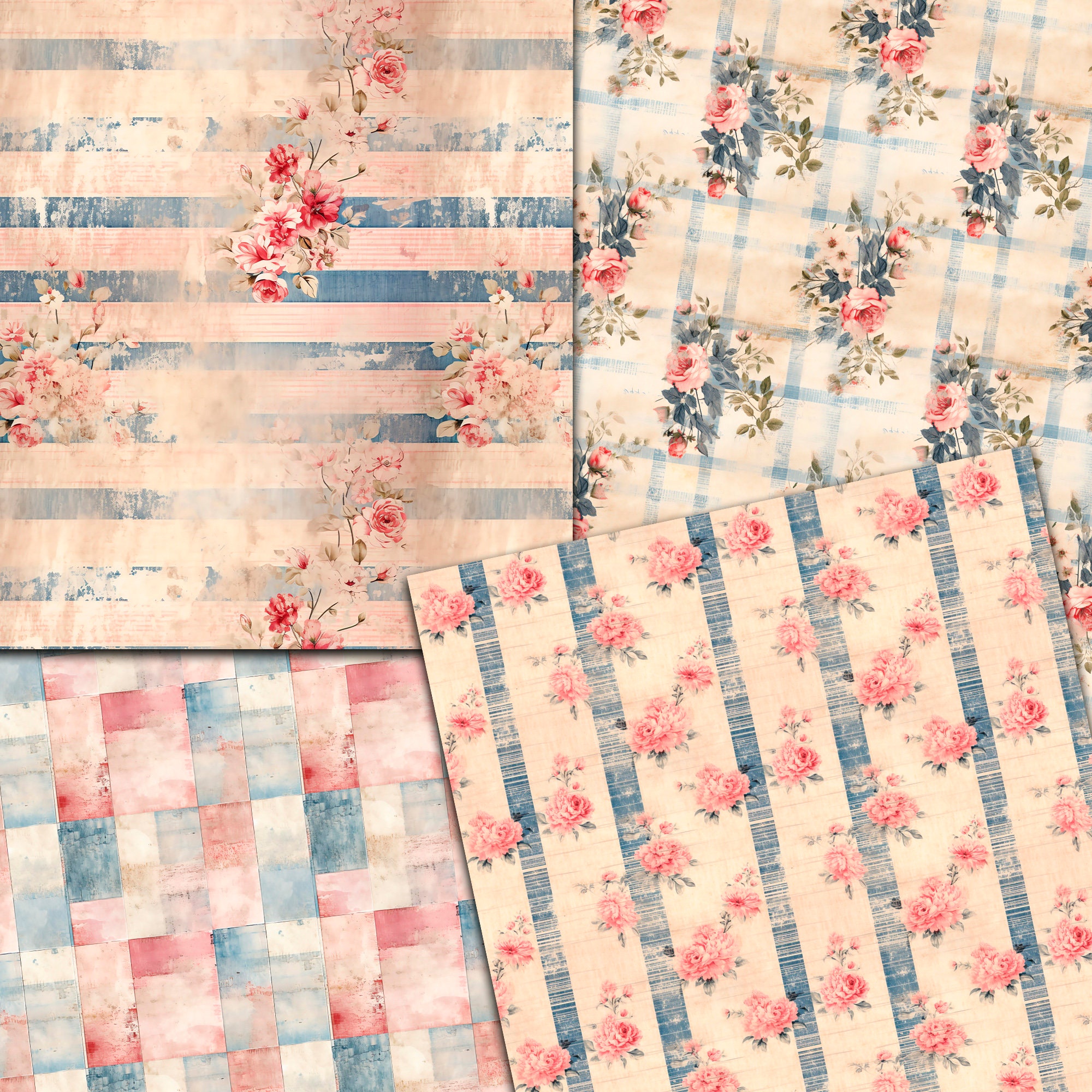 Seamless Denim Rose Designs-repeating Pattern-junk Journal Printable 12 ...