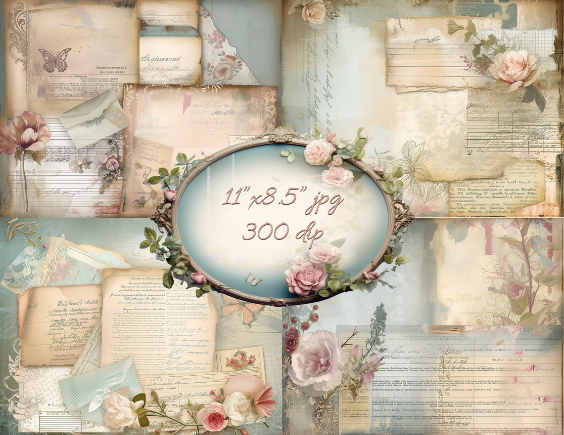 Vintage Floral Digital Paper Set, Shabby Chic Scrapbook Backgrounds ...