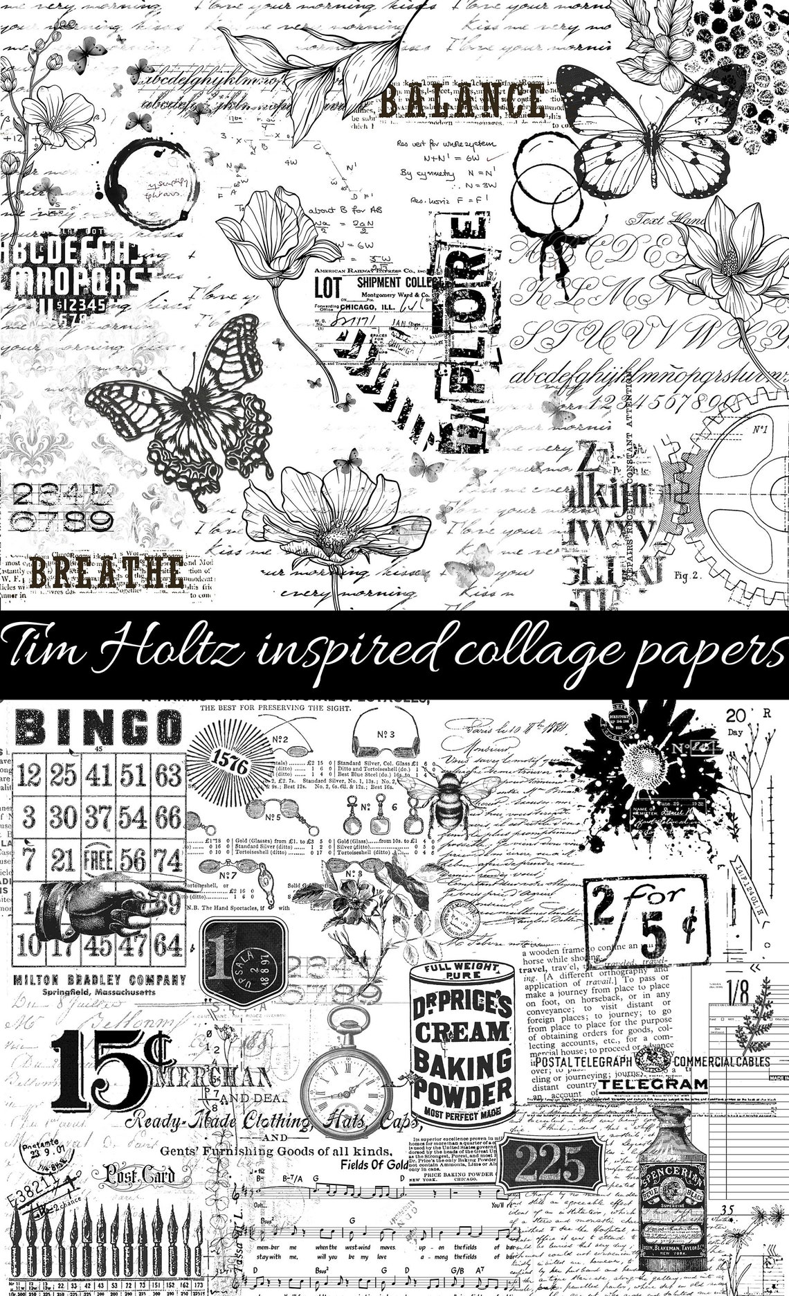 Black and White Printable Decoupage Collage Papers. Great for Printing ...