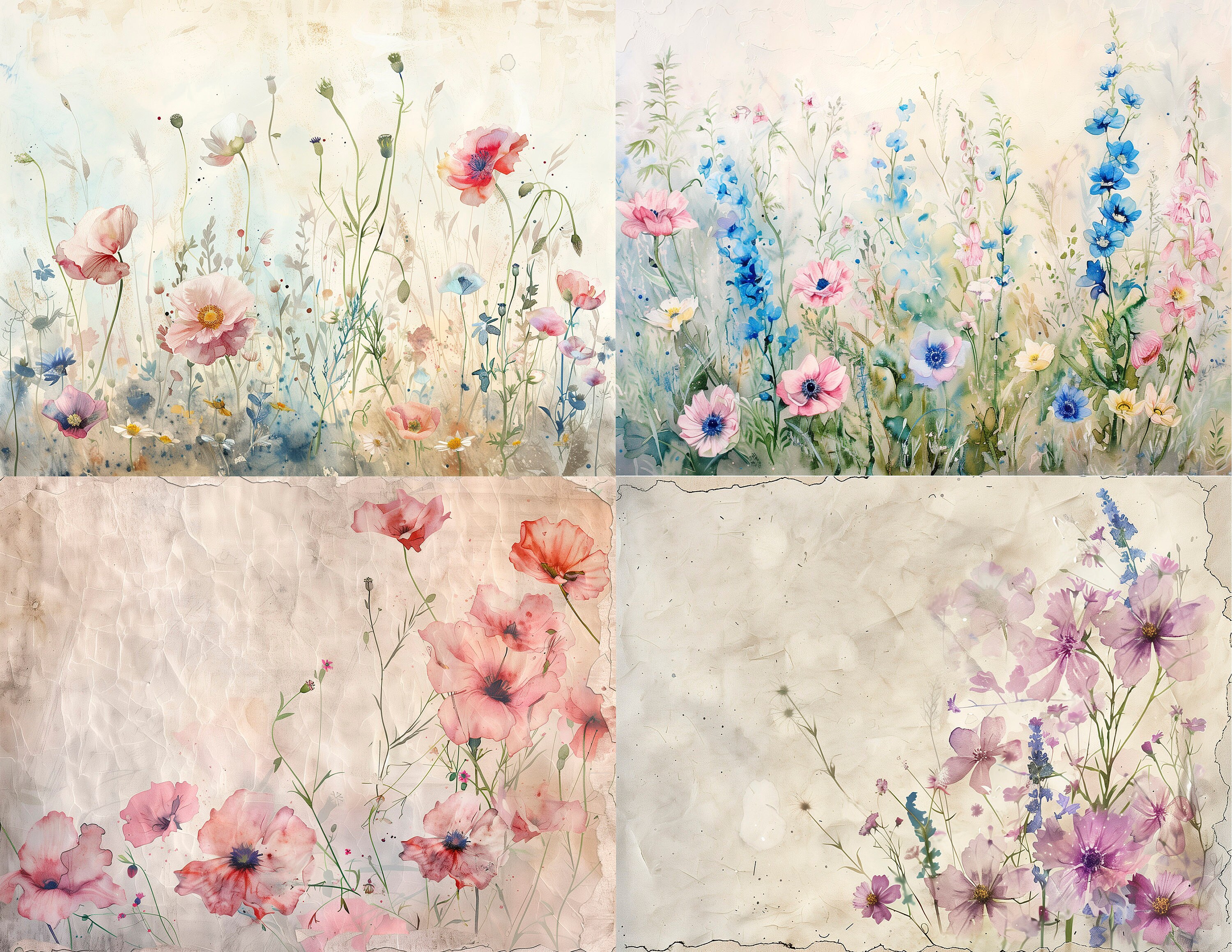 Watercolour Wildflower Meadow Paper Pack, Vintage Flowers Spring Junk ...