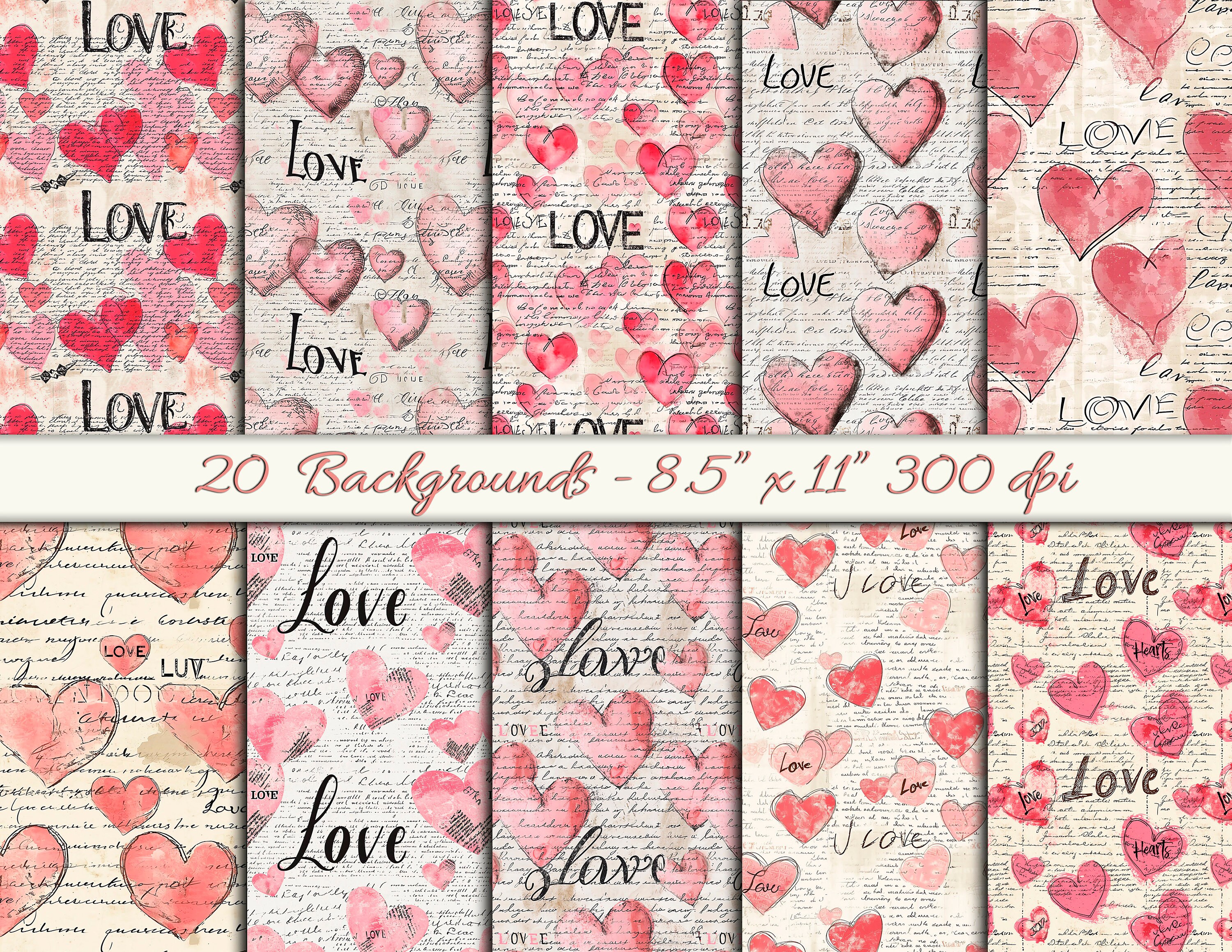 Vintage Heart Digital Paper Pack, Valentine's Day Love, 12x12 (digital ...
