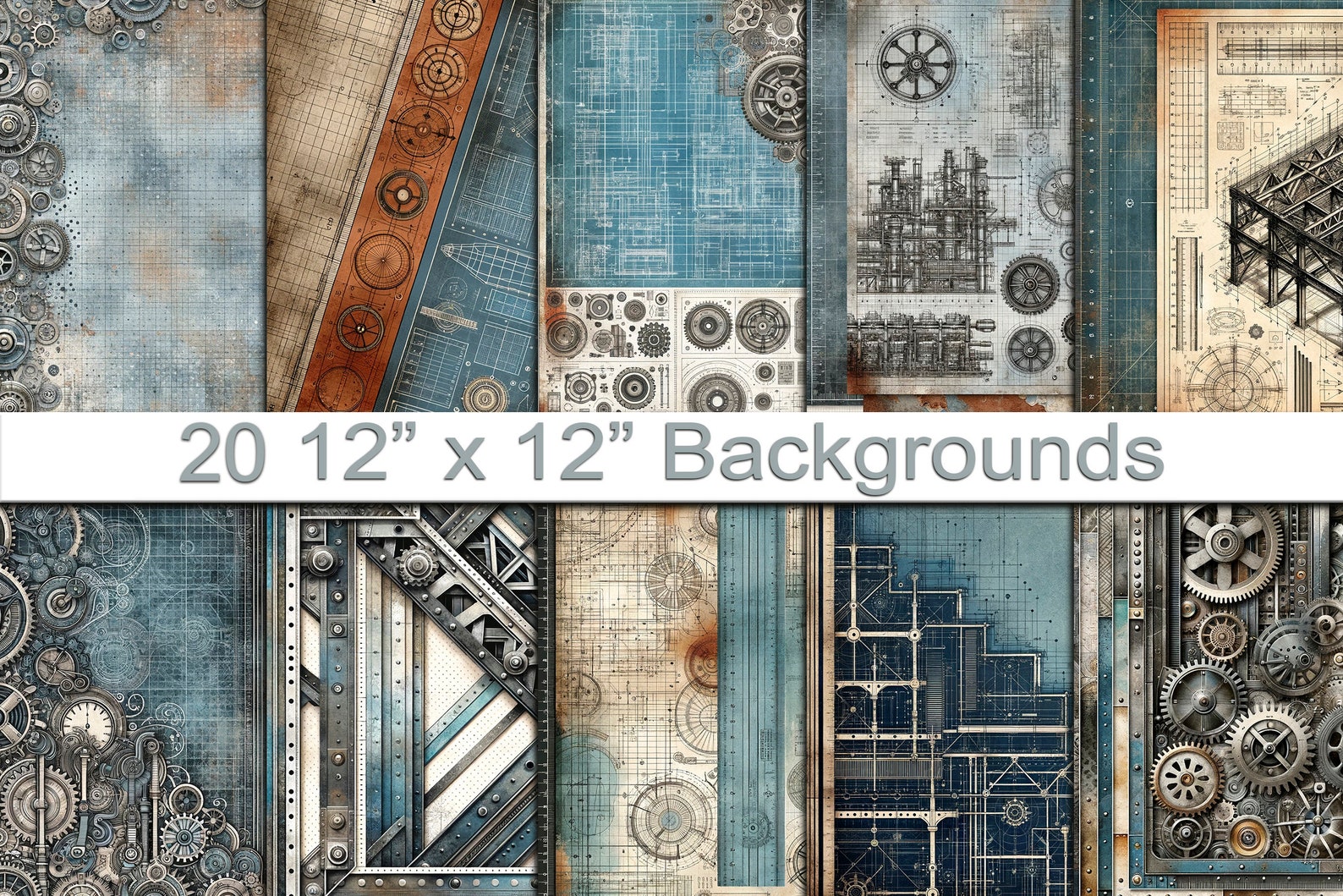 Vintage Blueprint & Rust Paper Pack 20 Sheets, 12x12, Digital Wallpaper ...