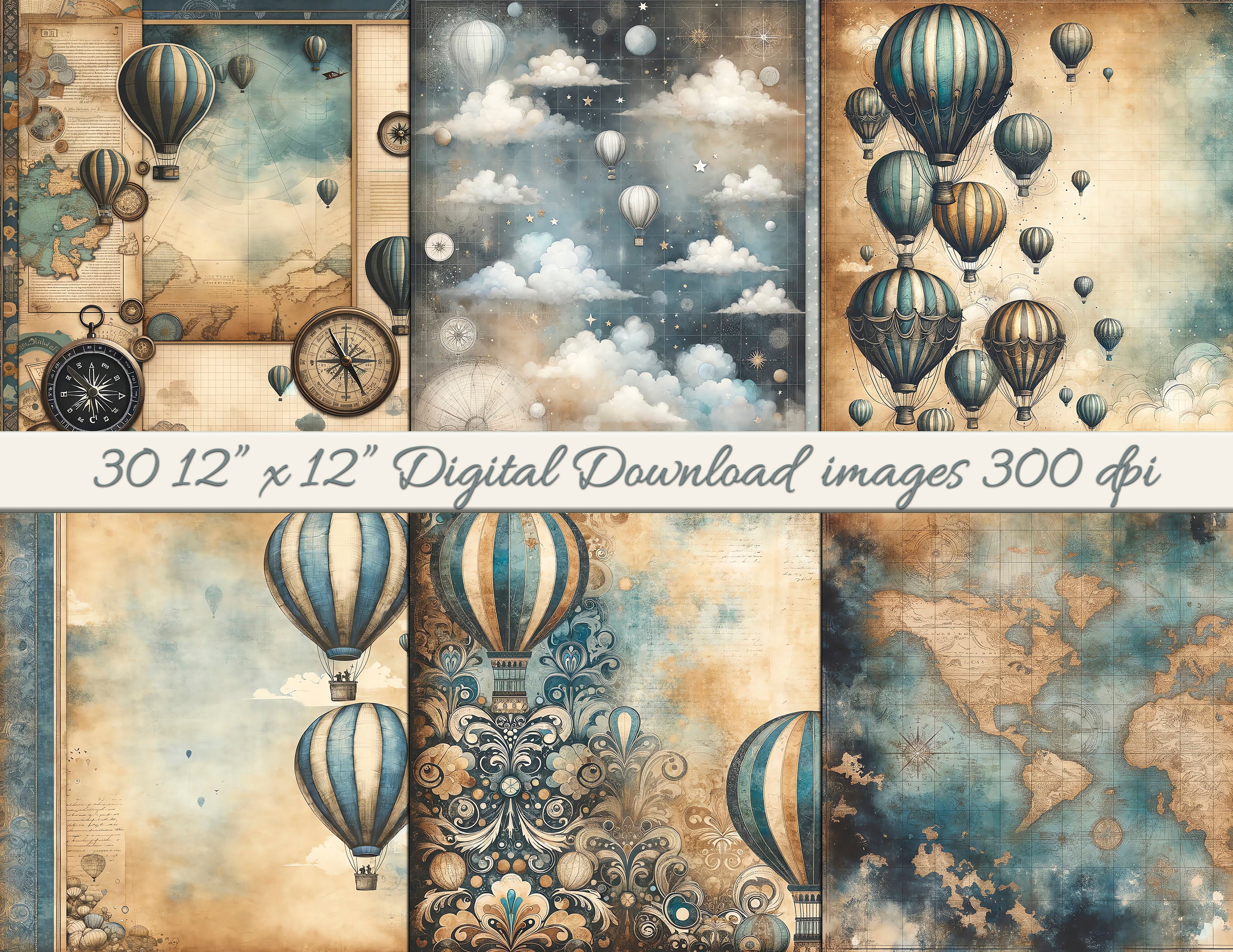 30 Vintage Travel Scrapbook Paper Designs-hot Air Balloons-12x12 ...