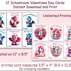 Printable Valentine's Cards for Classroom - Unicorn & Dragon Gift Cards ...