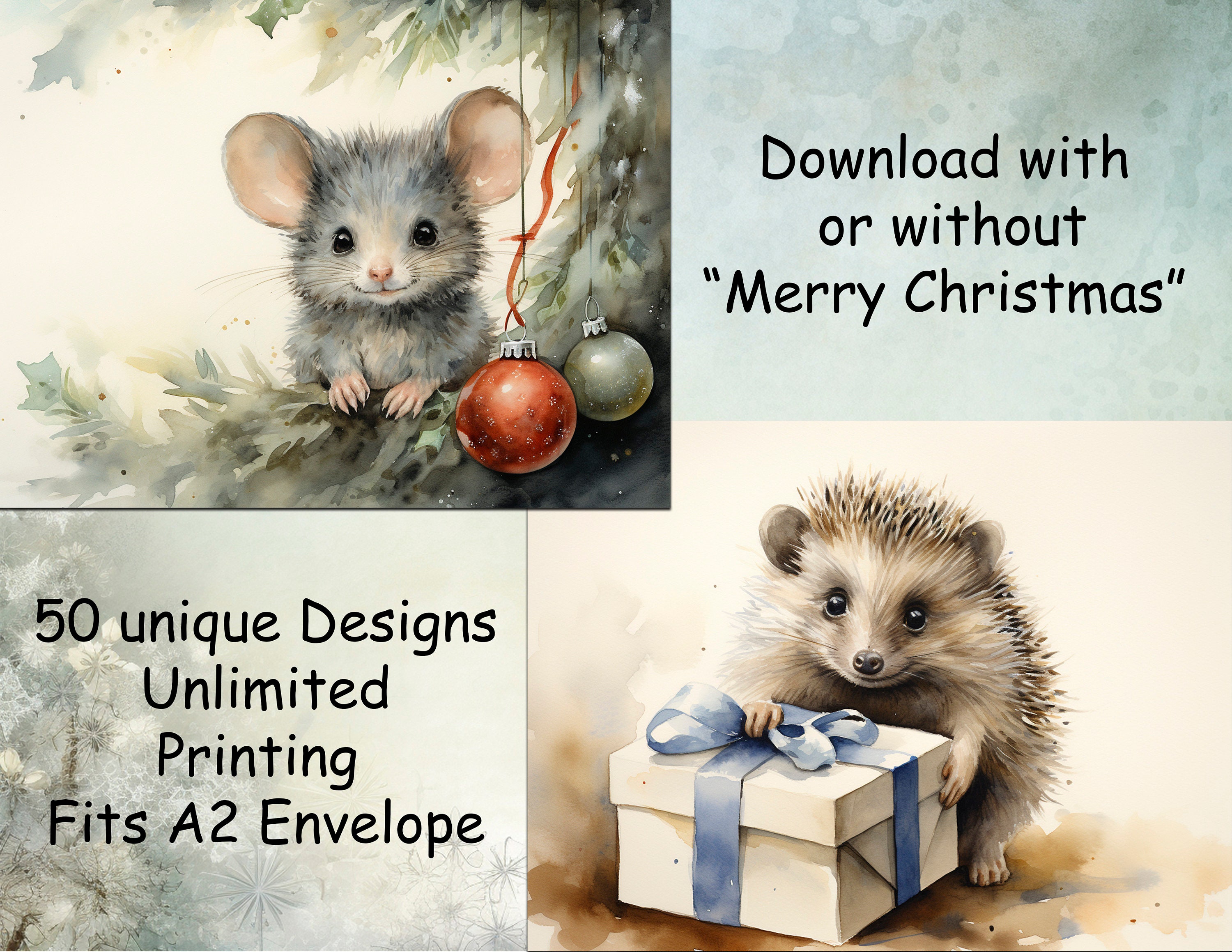 Printable Christmas Cards - 50 Original Winter Animal Designs (digital ...