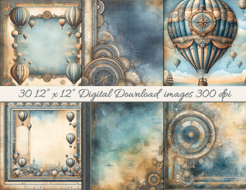 30 Vintage Travel Scrapbook Paper Designs-hot Air Balloons-12x12 ...