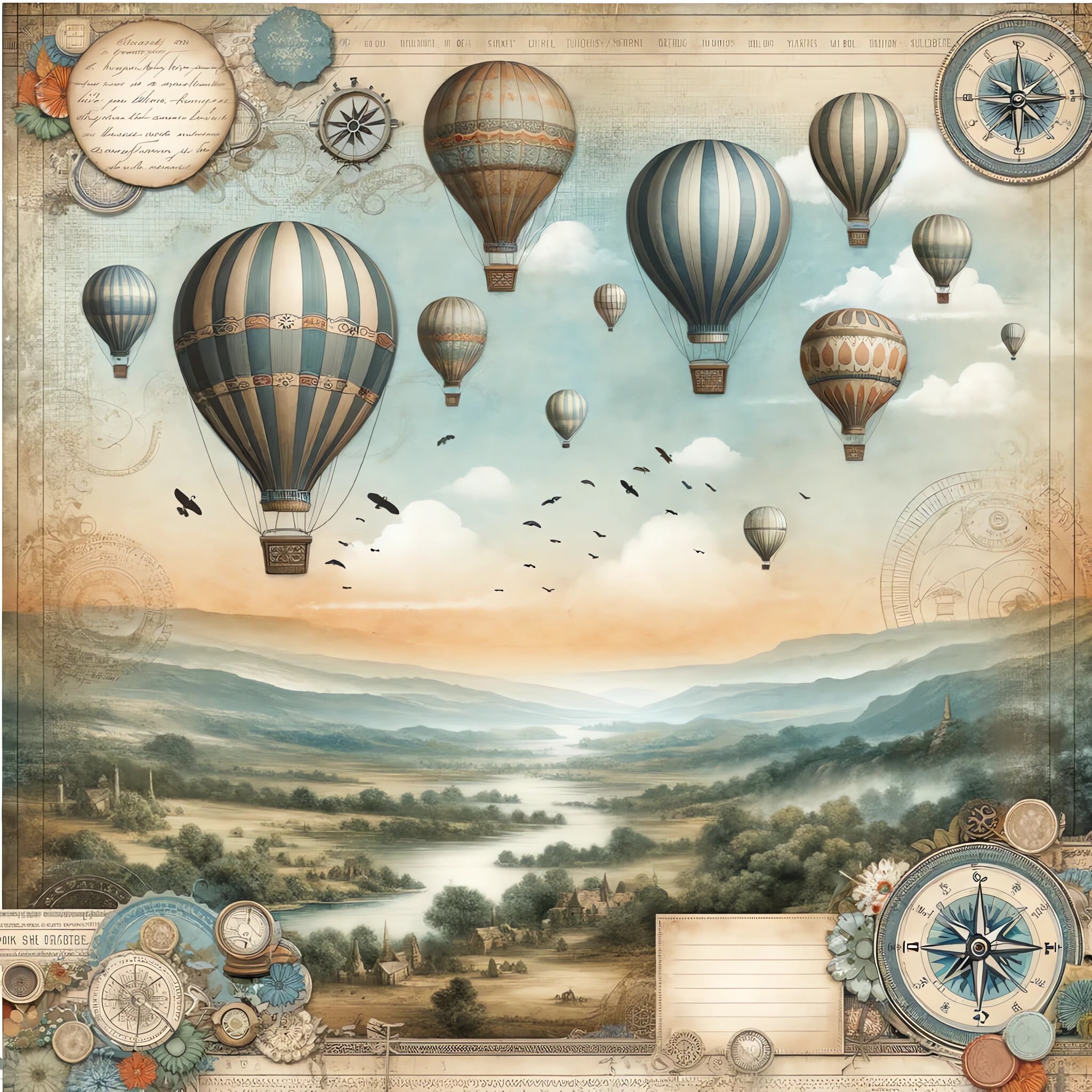 30 Vintage Travel Scrapbook Paper Designs-hot Air Balloons-12x12 ...