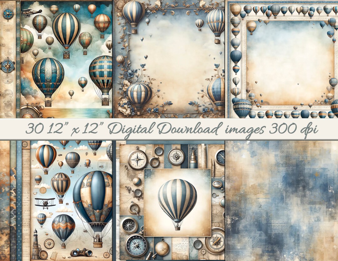 30 Vintage Travel Scrapbook Paper Designs-hot Air Balloons-12x12 ...