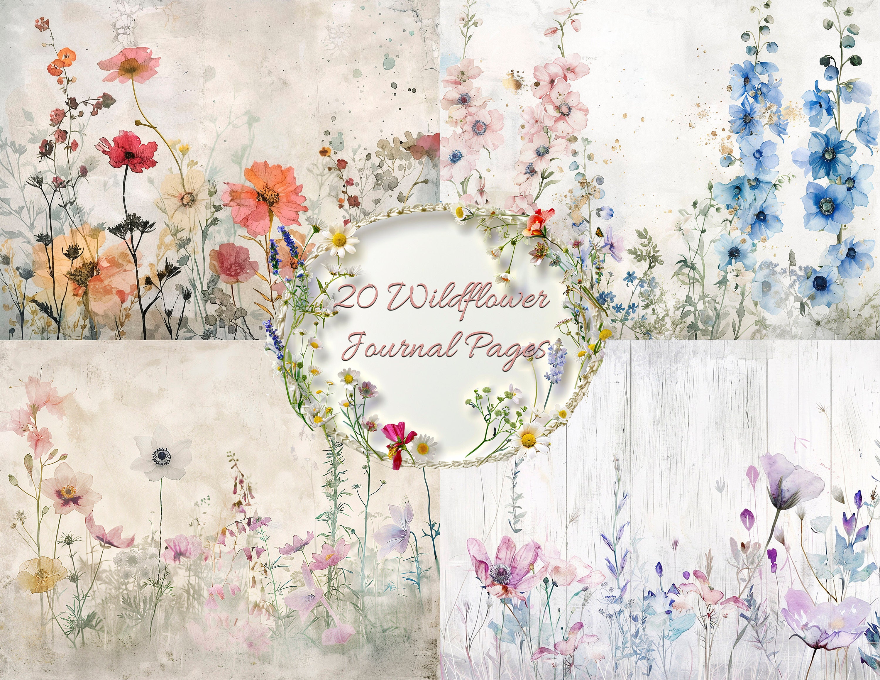 Watercolour Wildflower Meadow Paper Pack, Vintage Flowers Spring Junk ...