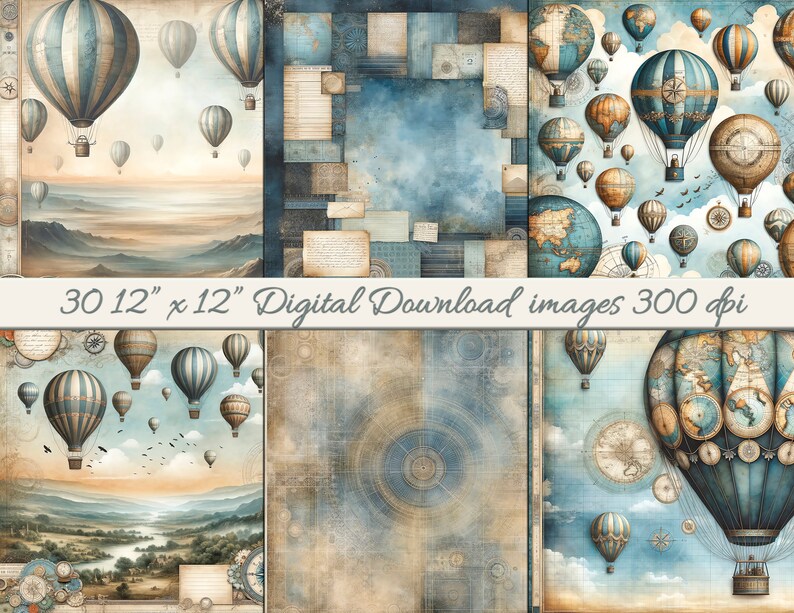 30 Vintage Travel Scrapbook Paper Designs-hot Air Balloons-12x12 ...