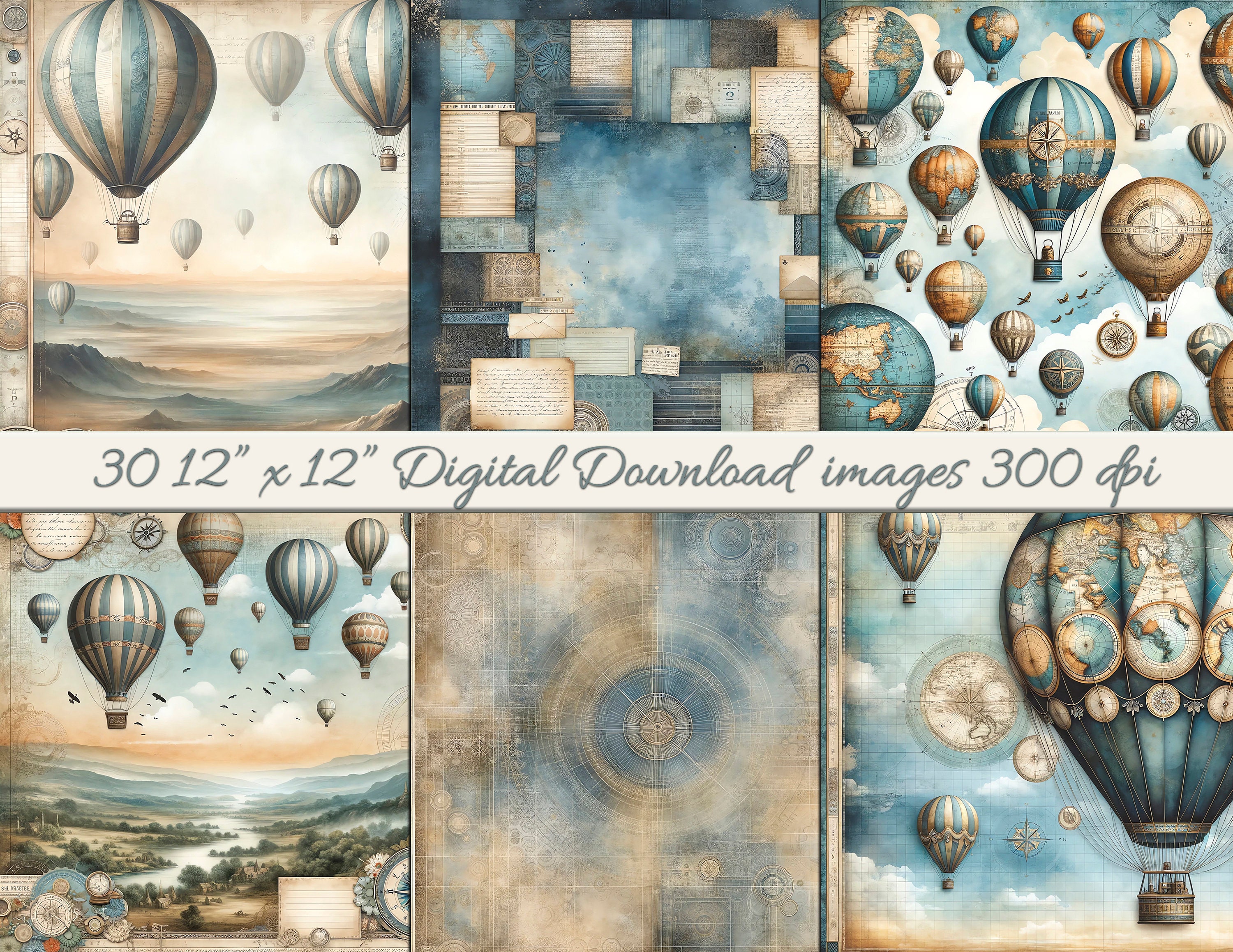30 Vintage Travel Scrapbook Paper Designs-hot Air Balloons-12x12 ...