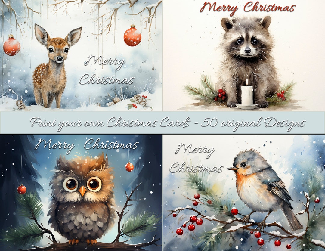 50 Printable Christmas Cards - All Original Artwork - Cute Winter ...