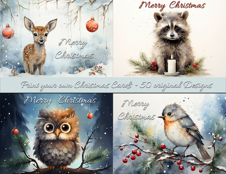 Printable Christmas Cards - 50 Original Winter Animal Designs (digital ...