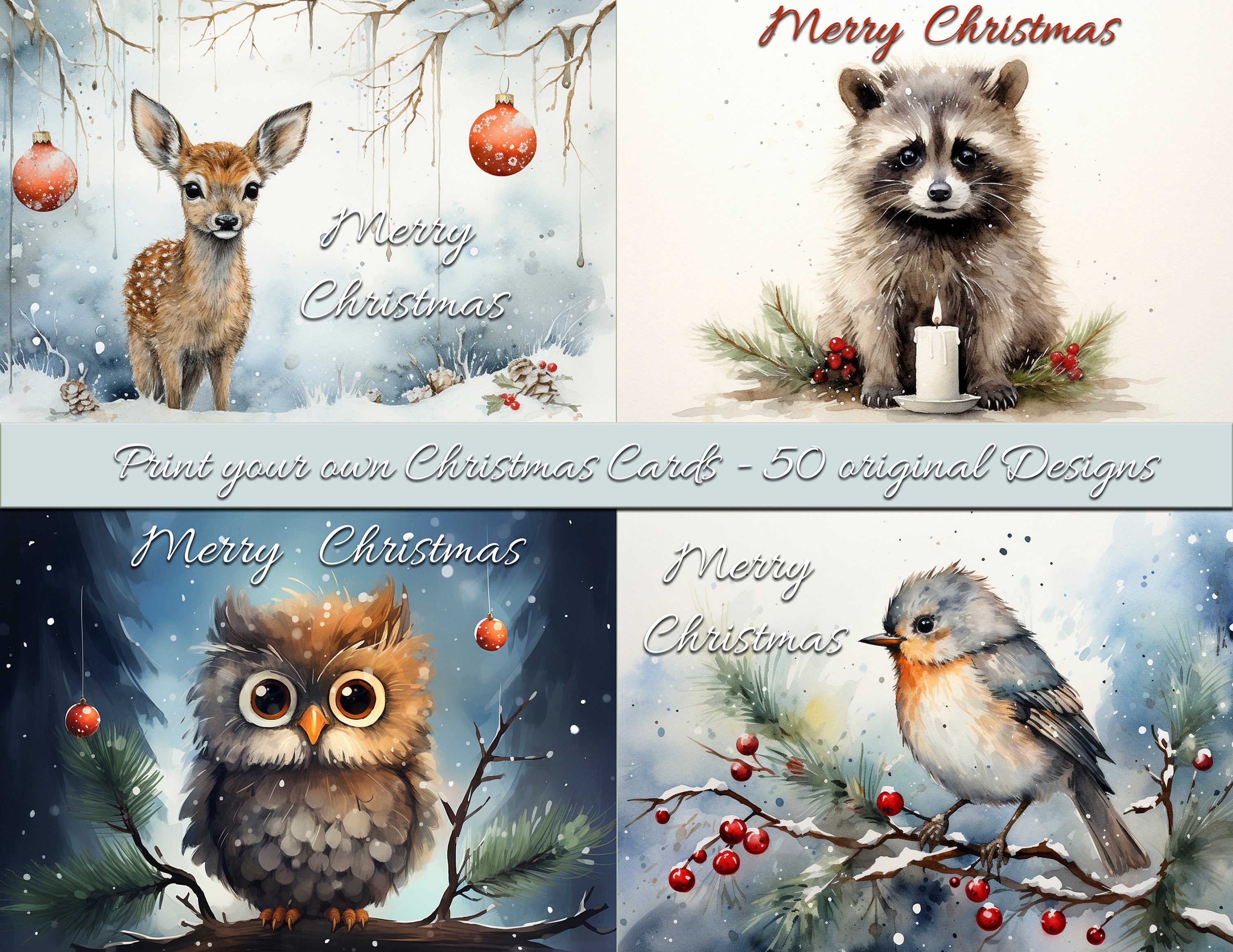 50 Printable Christmas Cards - All Original Artwork - Cute Winter ...