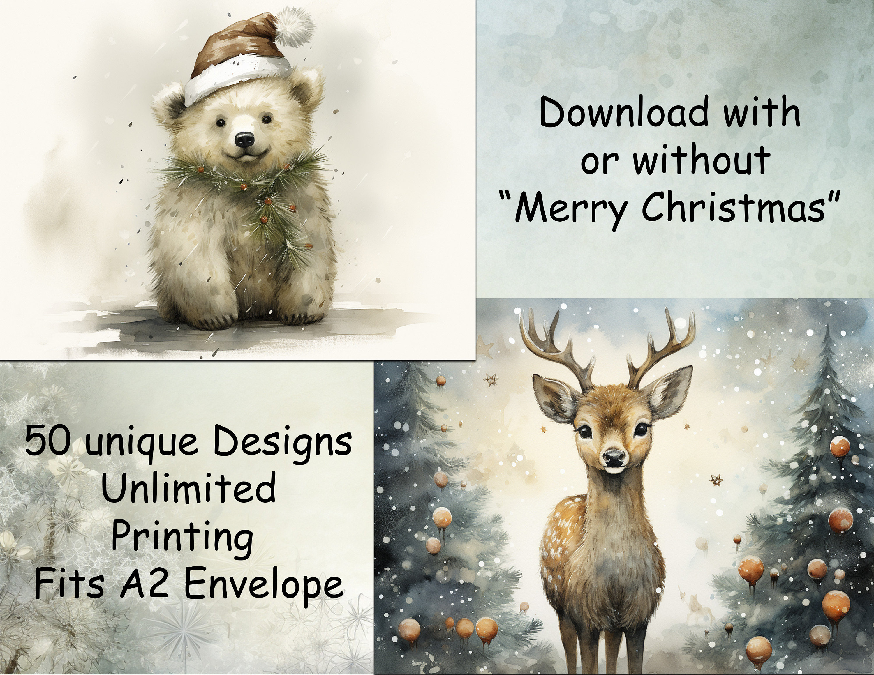Printable Christmas Cards - 50 Original Winter Animal Designs (digital ...