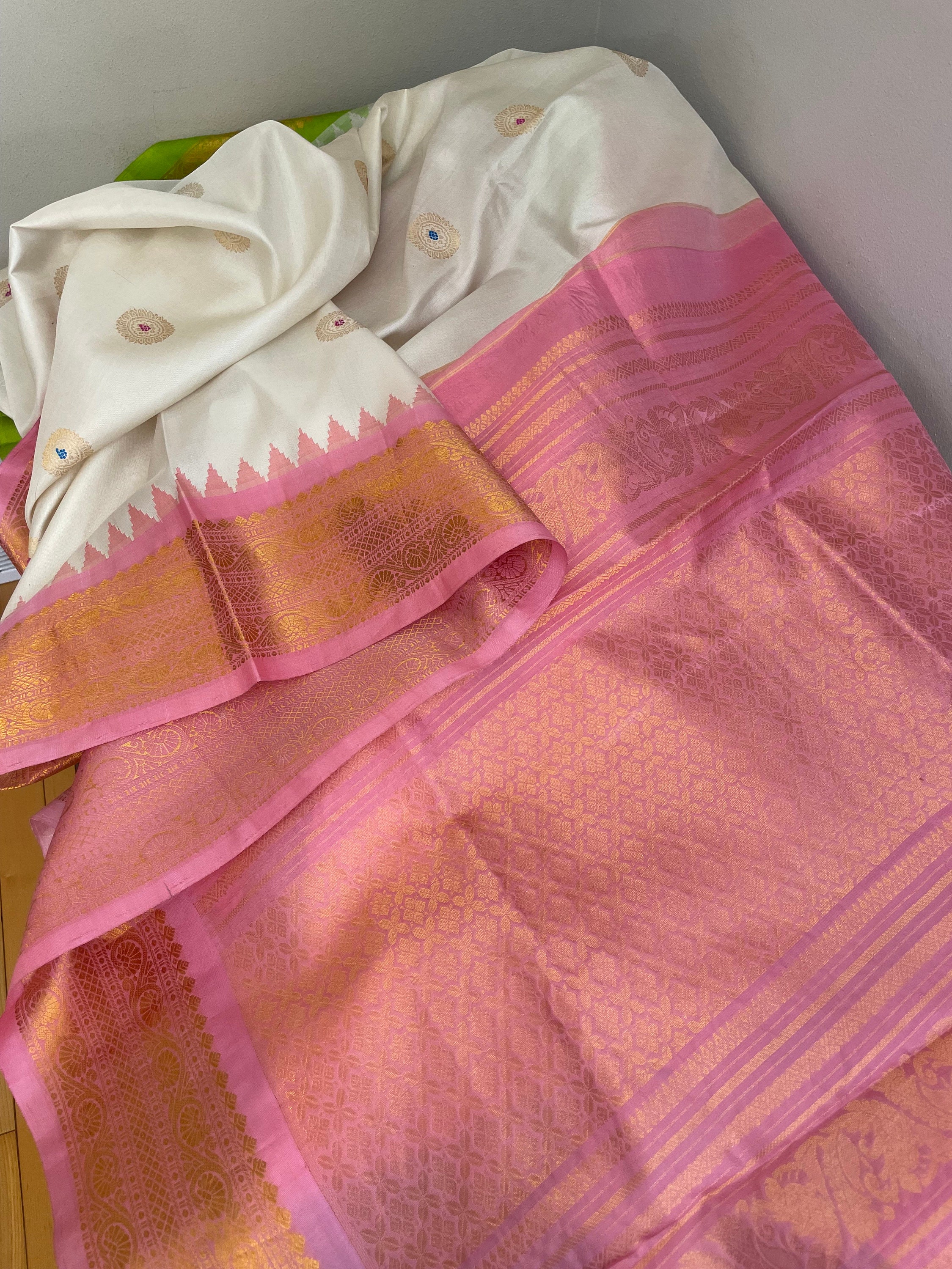 Pure Silk Gadwal Saree Pearl White With Ganga Jamuna Borders - Etsy