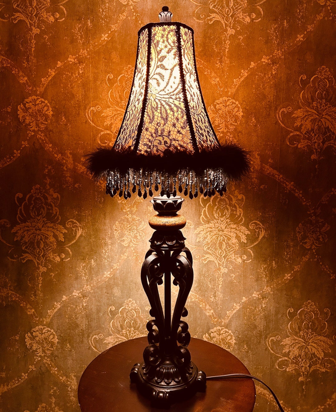 Victorian Gothic Table Lamp With Lace Inspired Shade, Beaded Fringe ...