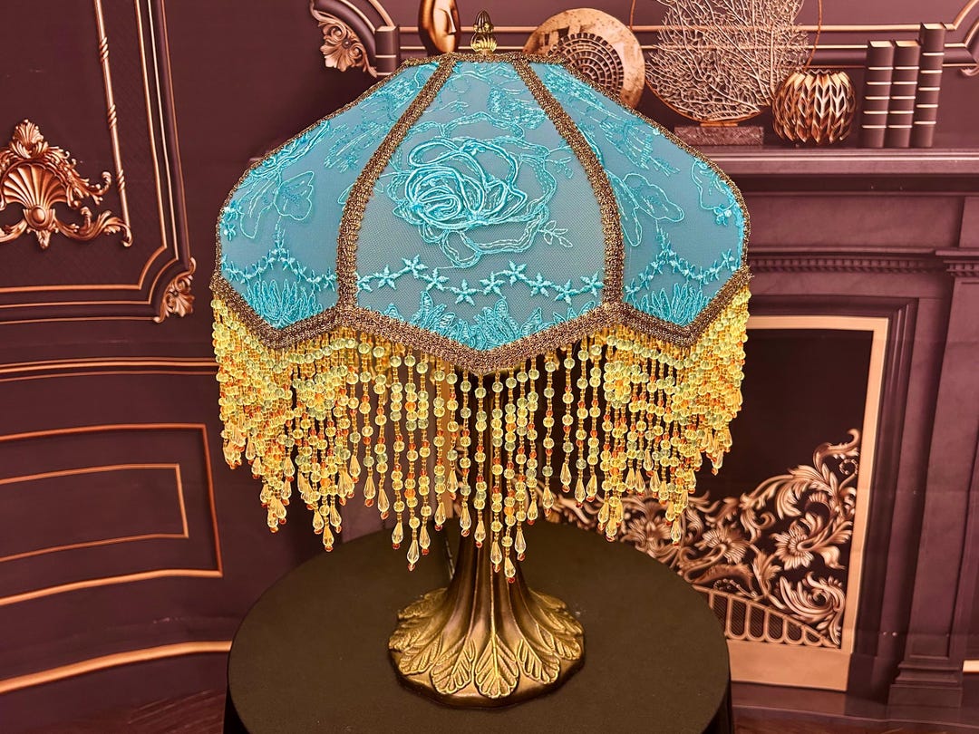 Victorian Table Lamp: Beaded Fringe, Embroidered Lace, Handmade Antique ...