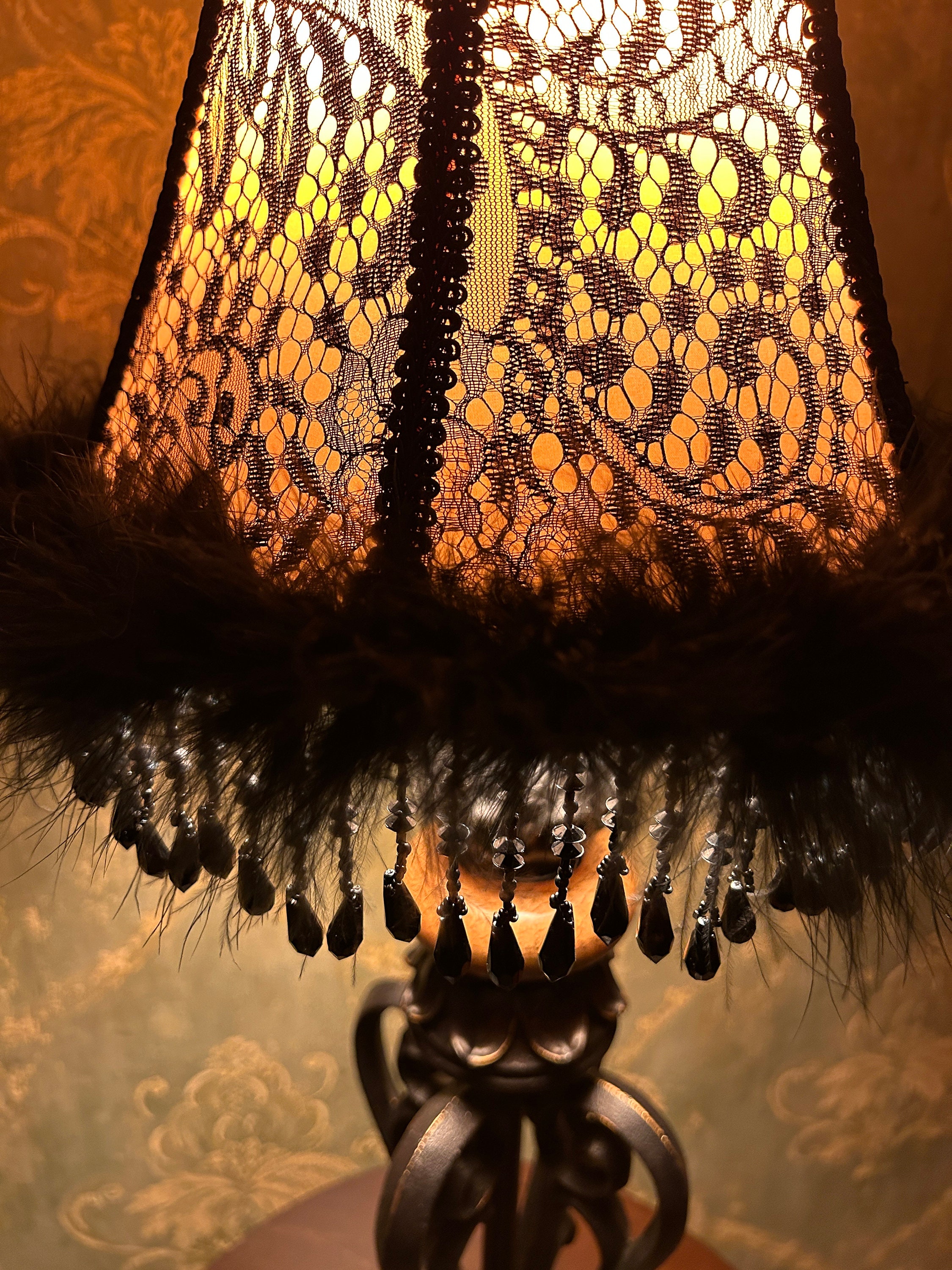 Victorian Gothic Table Lamp With Lace Shade and Beaded Fringe. Elegant ...