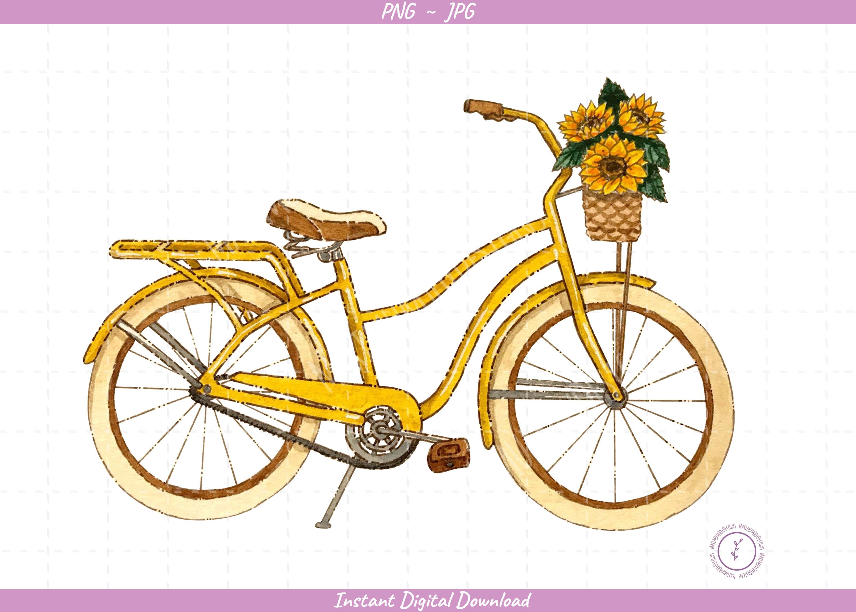 Watercolor Bike With Sunflowers | Yellow Bike | Digital | Hand Drawn ...