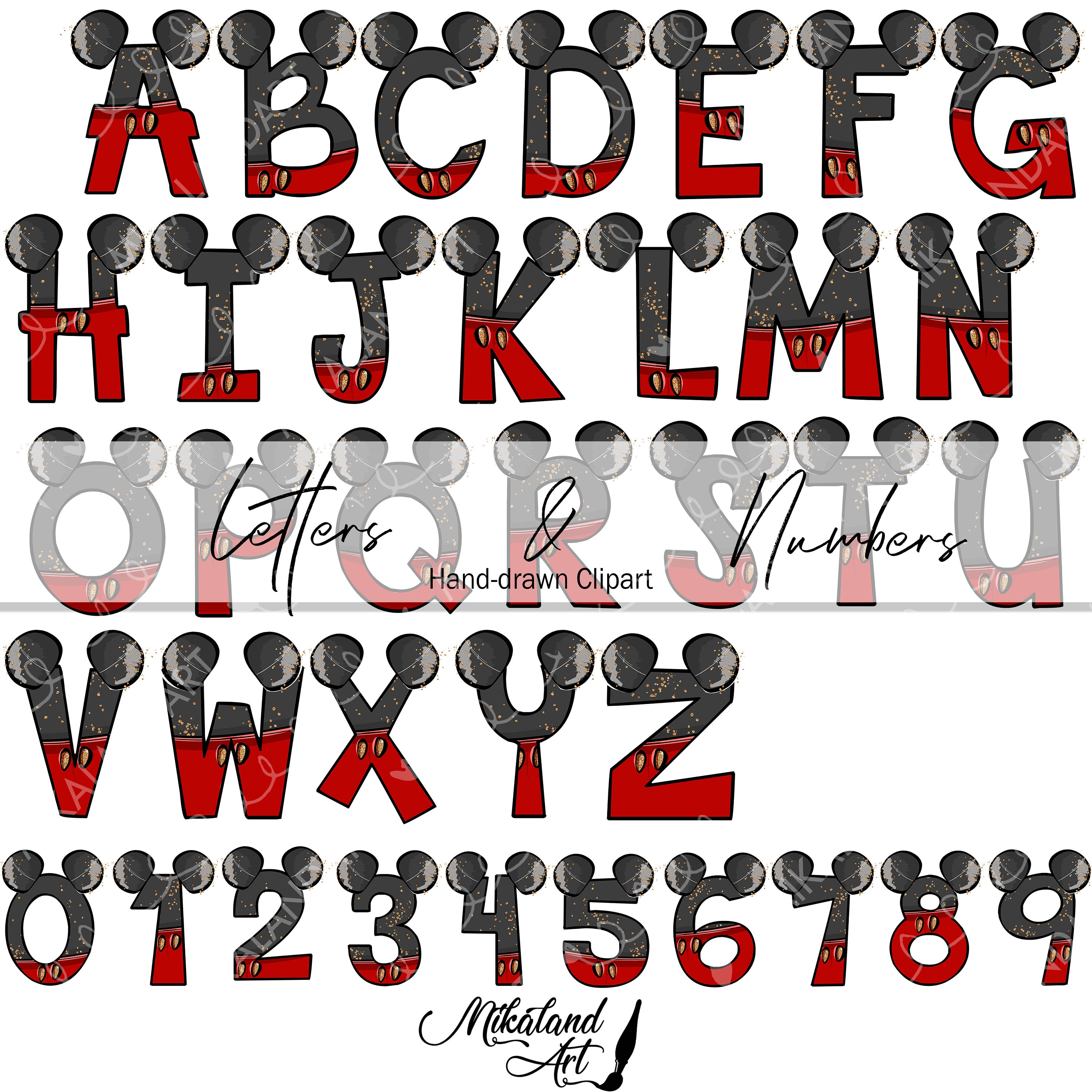 Mickey Mouse Alphabet Hand-drawn Clipart Letters and Numbers - Etsy Finland