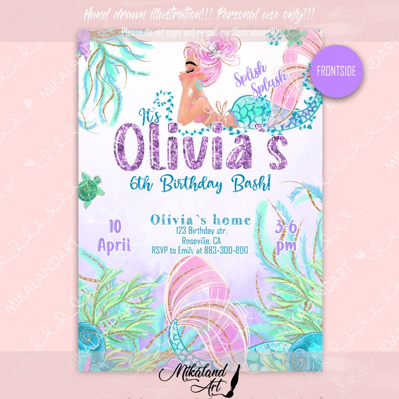 Mermaid Birthday Invitation, Digital, Peronalized, Printable, Mermaid ...