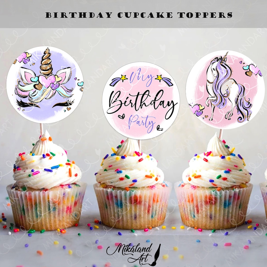 Unicorn Birthday Cupcake Toppers Pink Purple Unicorn Birthday - Etsy