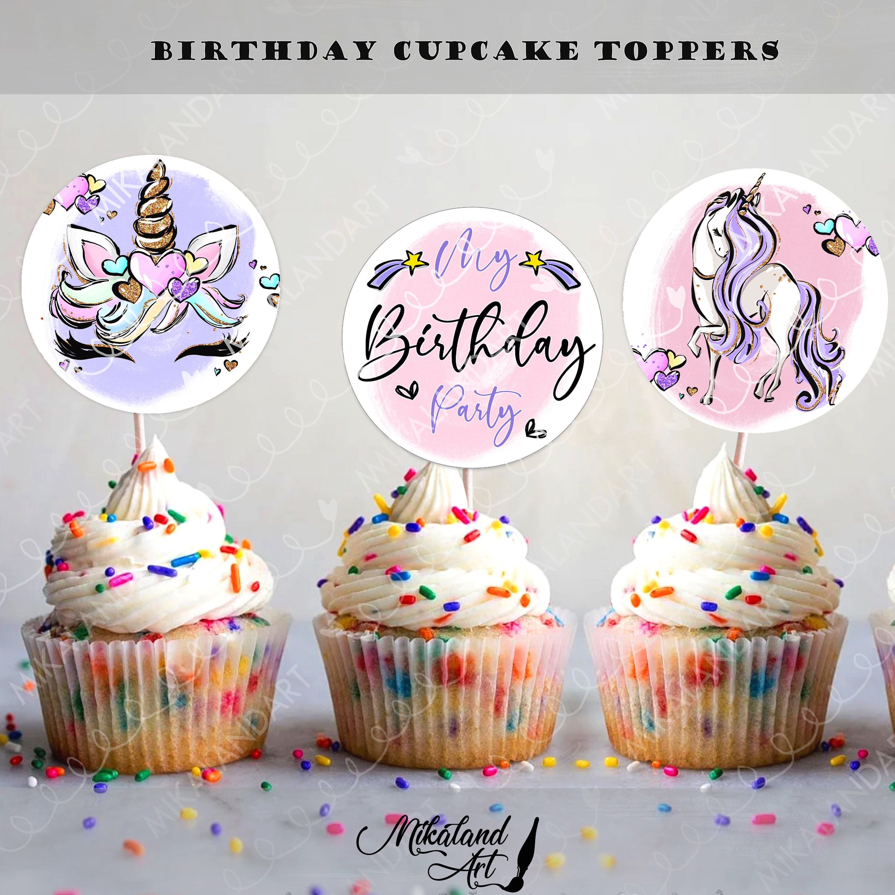 Unicorn Birthday Cupcake Toppers, Pink Purple Unicorn Birthday Tags ...