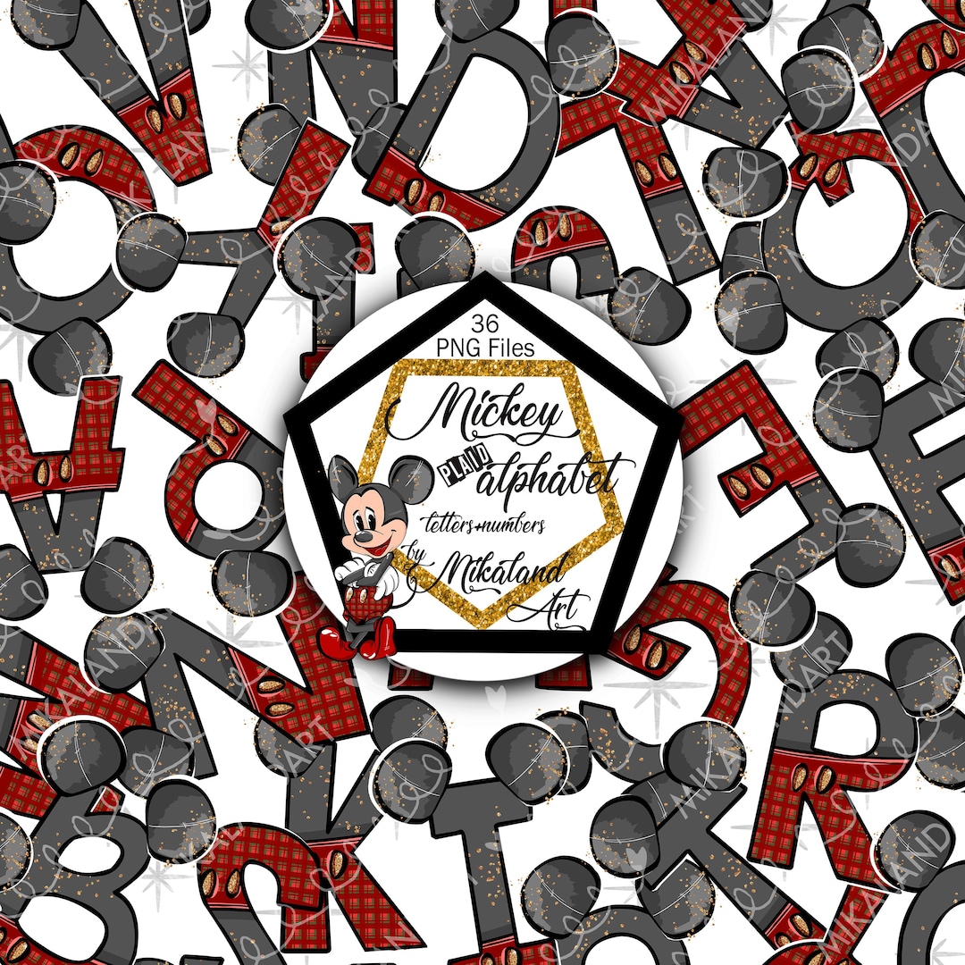 Mickey Mouse Plaid Alphabet Hand-drawn Clipart Letters and Numbers, Red ...
