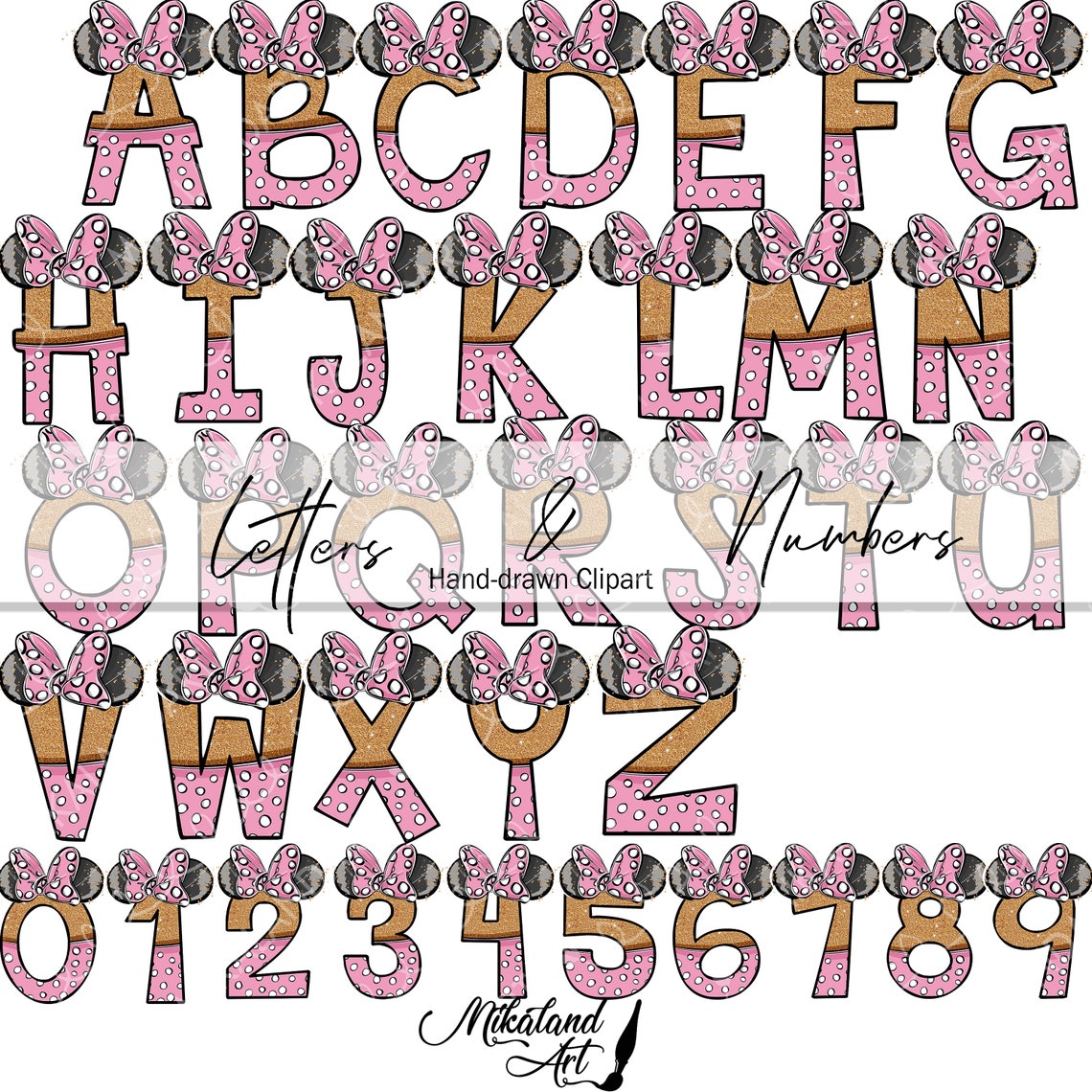 Minnie Mouse PINK&GOLD Alphabet Hand-drawn Clipart Letters and - Etsy