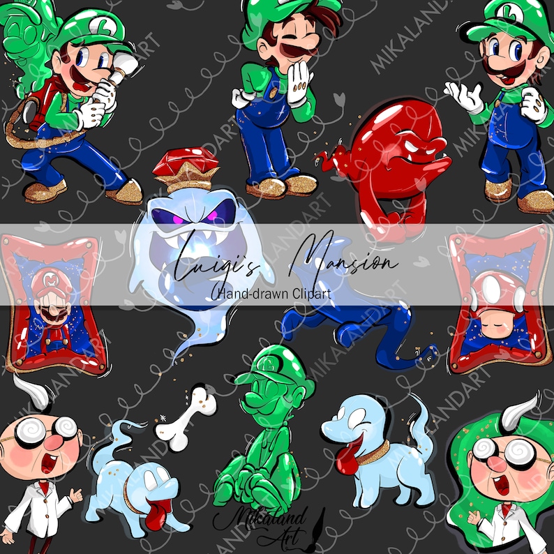 Luigi Hand-drawn Clipart Mansion Ghosts Green Red Blue - Etsy Finland
