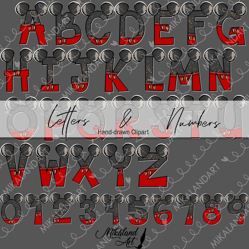 Mickey Mouse Alphabet Hand-drawn Clipart Letters and Numbers, Red Black ...