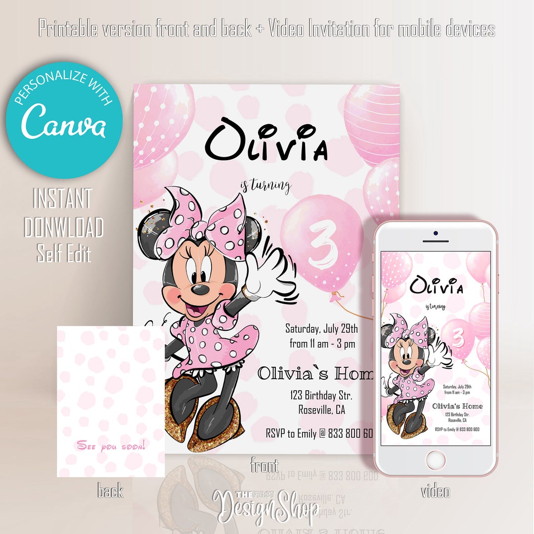 Minnie Mouse With Balloons Party Invite | Fashion Minnie Mouse Birthday ...