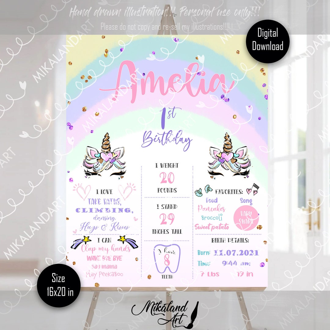 Unicorn First Birthday Party Sign, Unicorn Pink Purple Birthday Poster ...