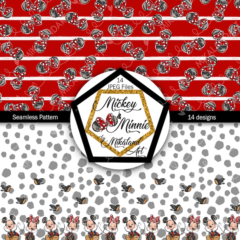 Mickey Minnie Mouse Seamless Pattern, Hand-drawn Files, Red Gold Grey ...